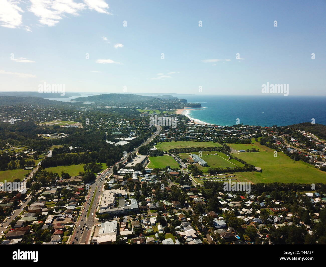 Aerial view of Mona Vale and northern beaches. Coast of Tasman sea in ...