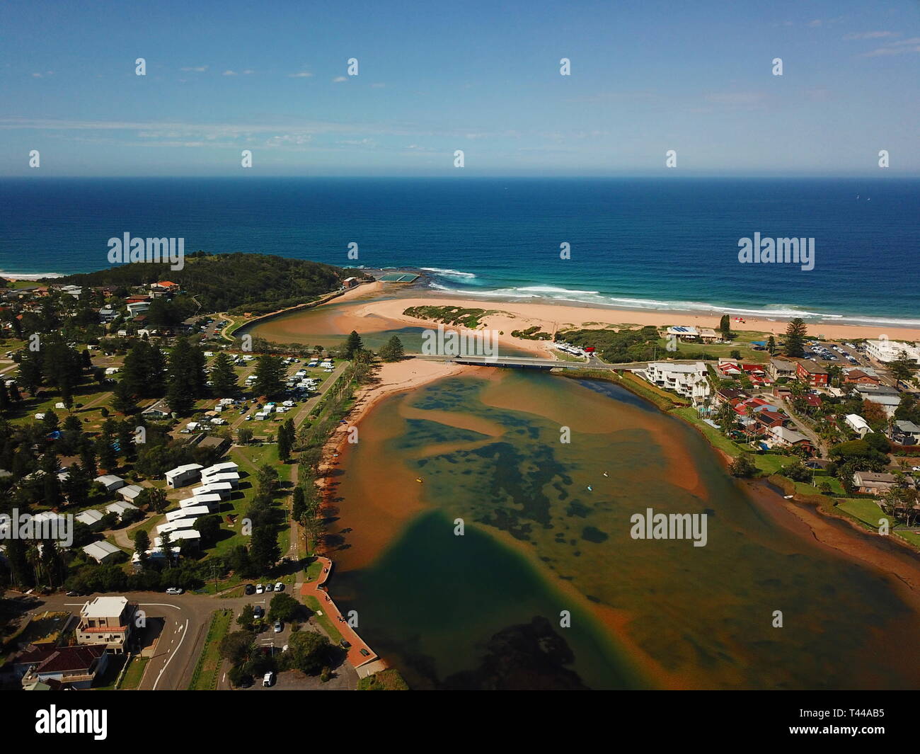 Aerial view of Narrabeen Lake, Narrabeen Beach and North Narrabeen ...