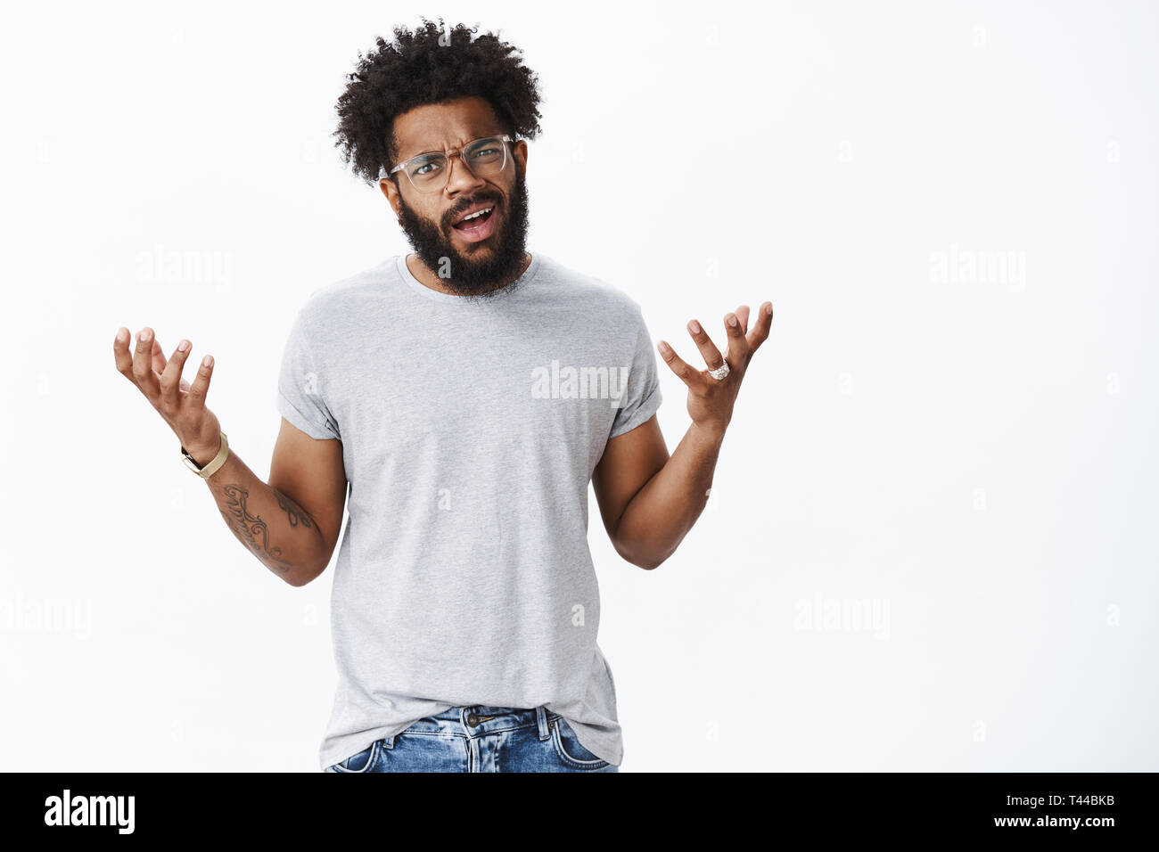 Guy arguing and complaining, being confused pissed of fighting with ...