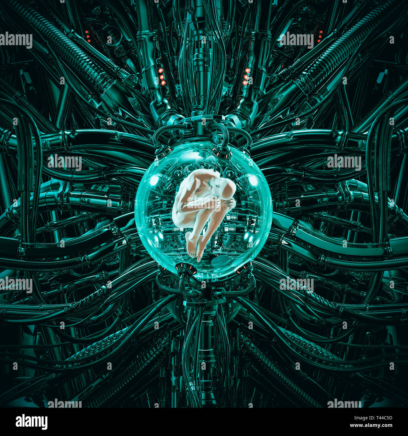 The human pod / 3D illustration of science fiction scene showing human ...