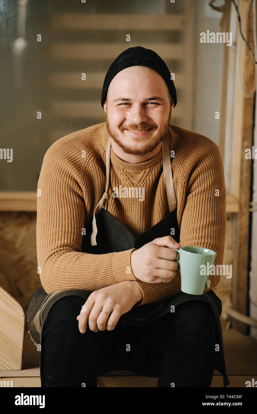 Portrait of smiling, laughing, strong, handsome, middle aged, bearded ...