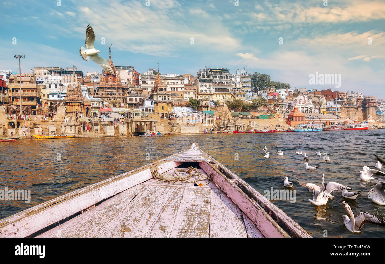 Varanasi ancient India city architecture as viewed from a boat on river ...