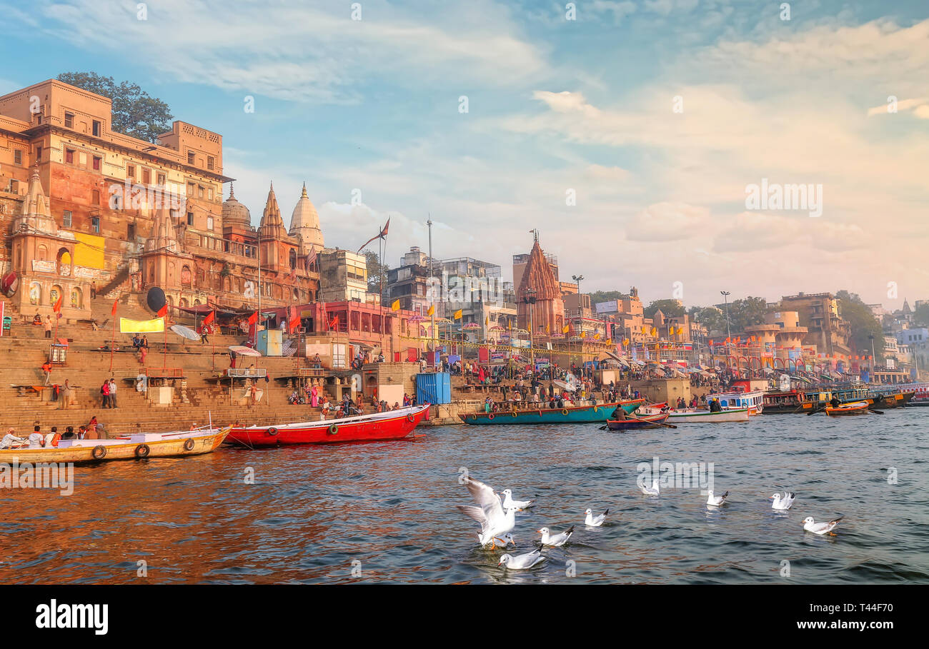Varanasi ancient India city architecture as viewed from a boat on river ...