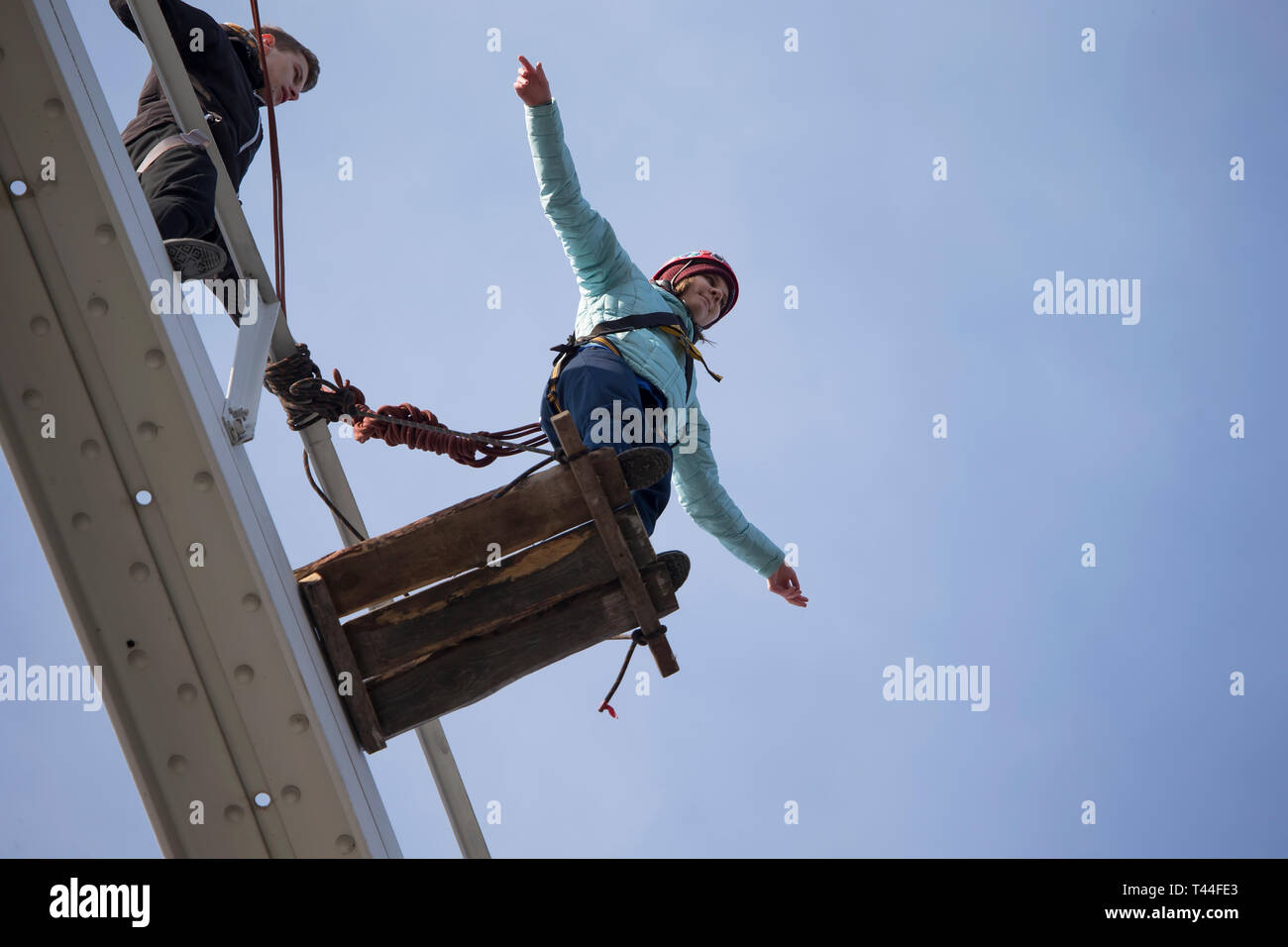 Belarus, Gomel, March 08, 2019. Jumping from the bridge to the rope ...