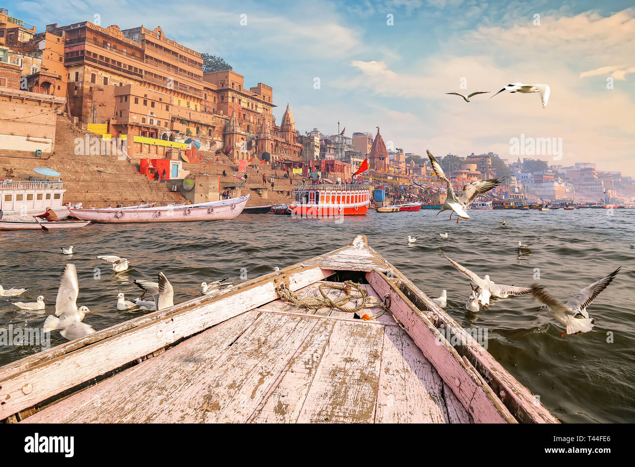 Varanasi ancient India city architecture as viewed from a boat on river ...