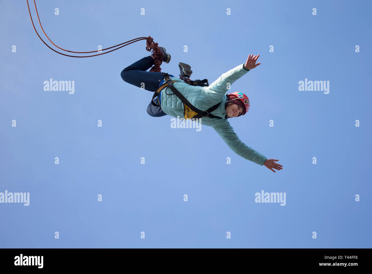 Belarus, Gomel, March 08, 2019. Jumping from the bridge to the rope ...