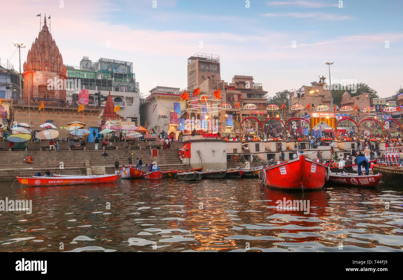 Varanasi city with historic architecture buildings and temples along ...