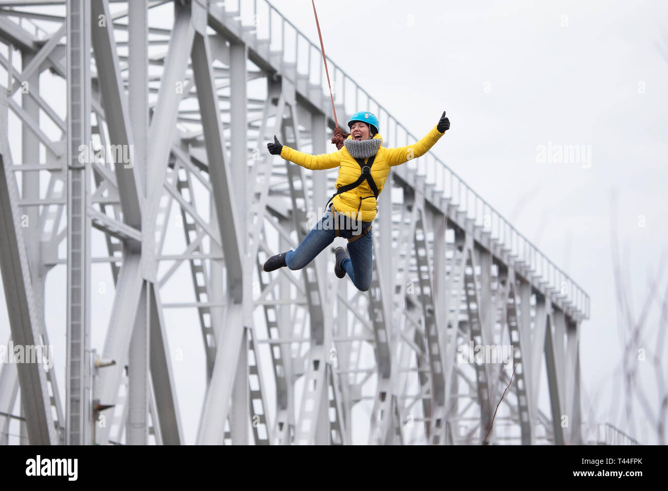 Belarus, Gomel, March 08, 2019. Jumping from the bridge to the rope ...