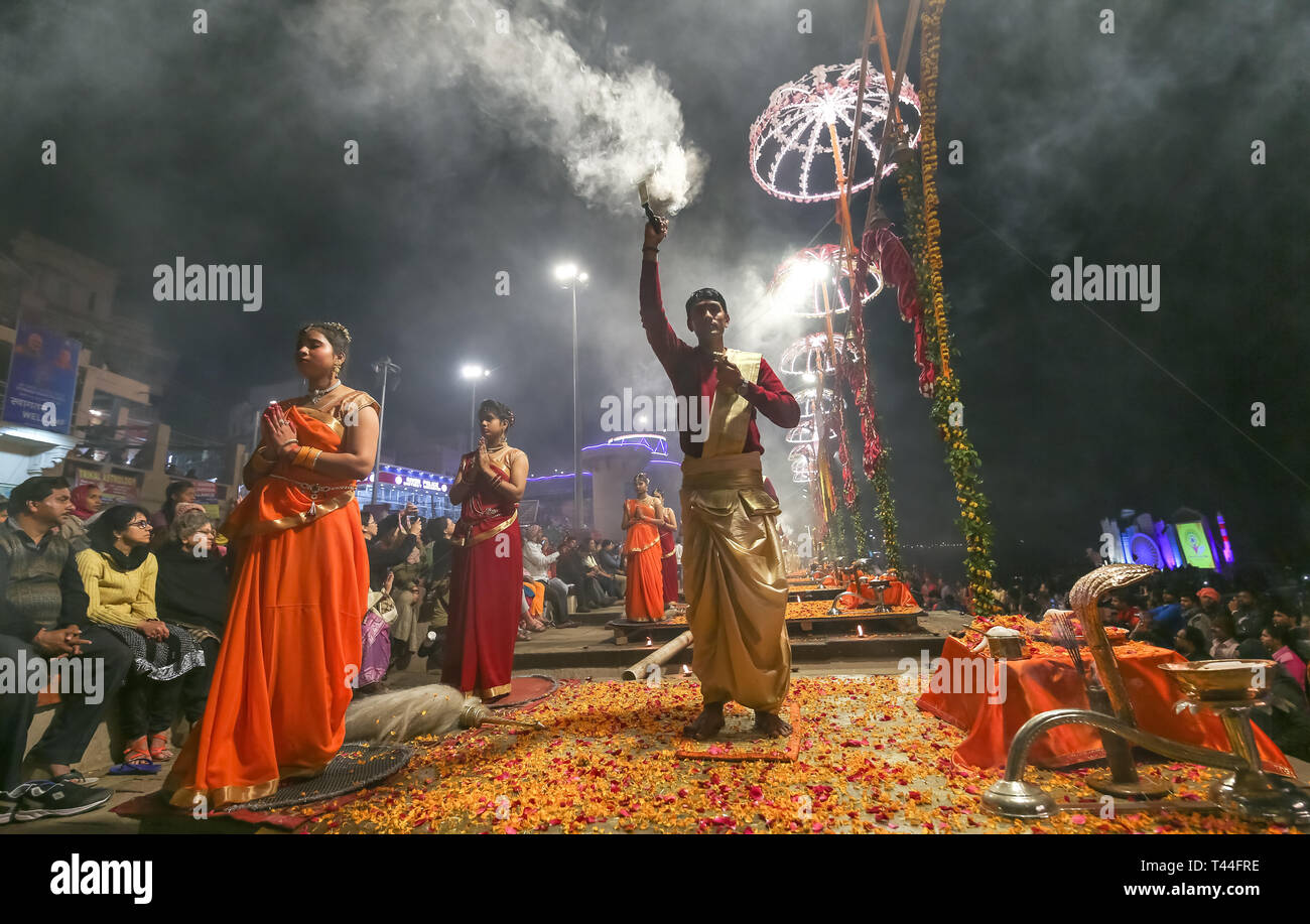 Varanasi Ganga aarti ritual ceremony performed by young Hindu priests ...