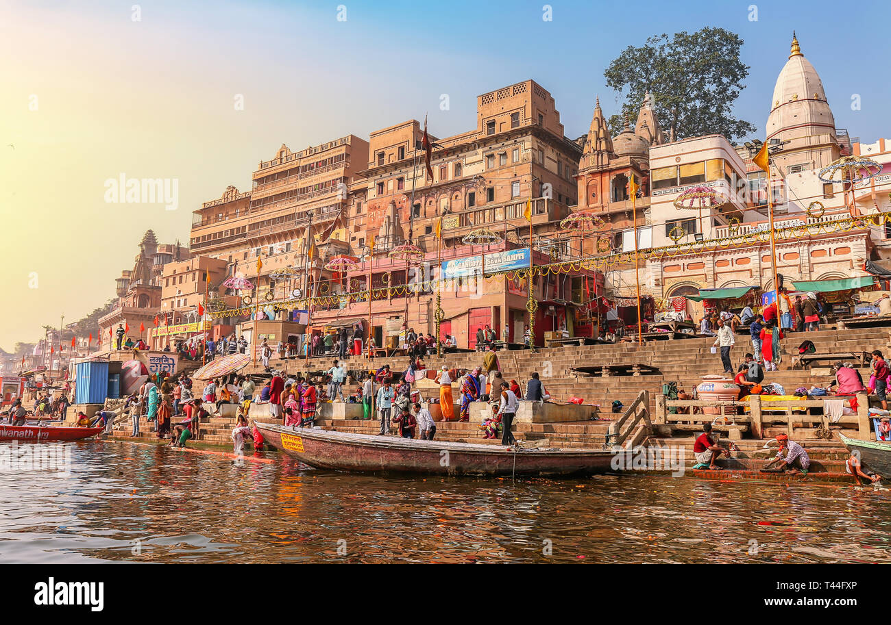 Varanasi Ganges river bank with historic city architecture at sunrise ...