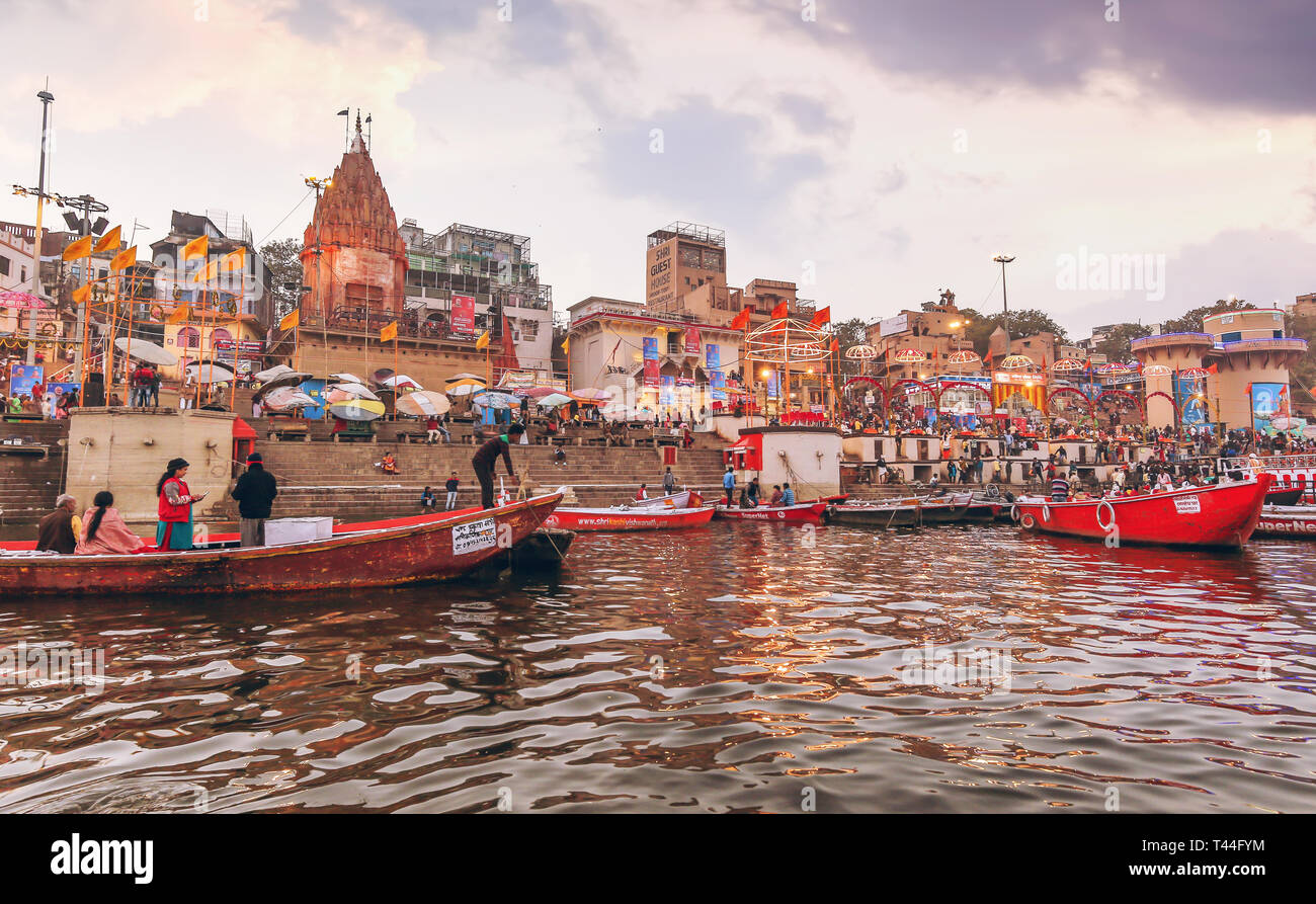 Varanasi city with ancient architecture buildings and temples along the ...