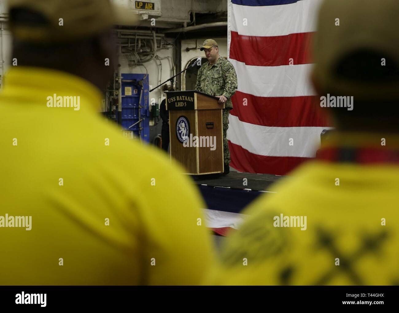 OCEAN (Feb. 28, 2019) Captain Brad Busch gives his farewell remarks to ...