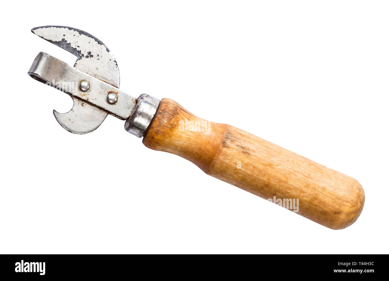 vintage lever-type can and bottle opener isolated on white background ...