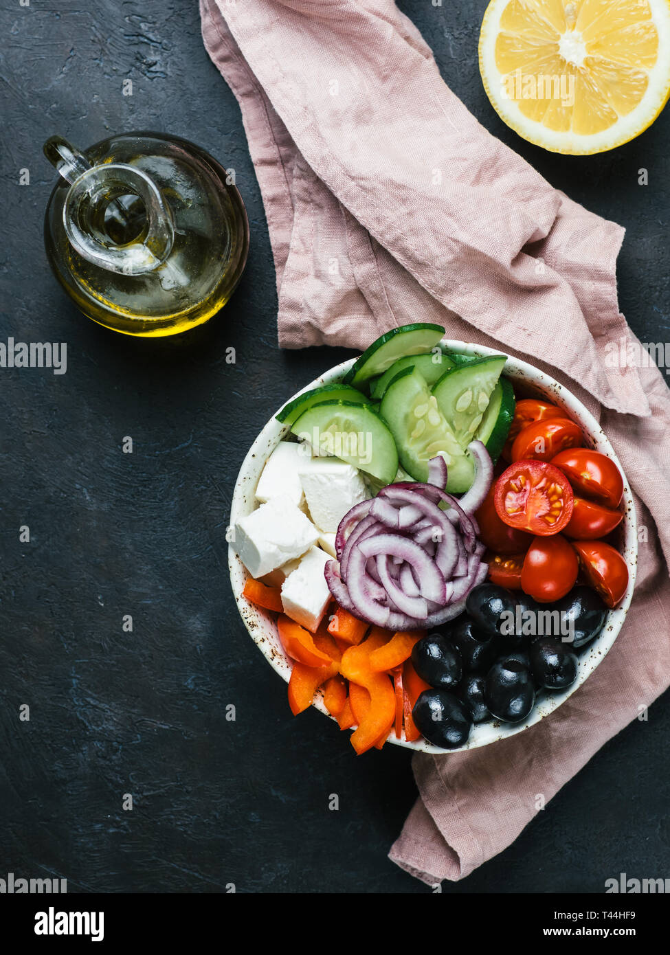 Greek Salad Bowl on dark black background. Above view of Bowl Greek ...