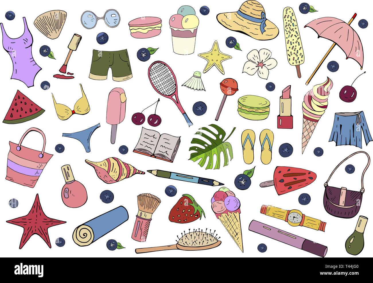 Different summer doodle colored elements isolated on white background ...