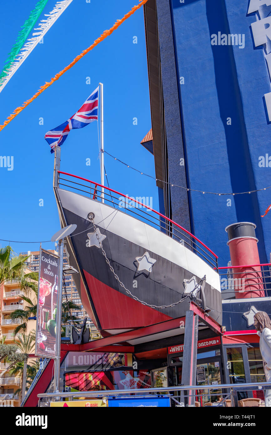 28th March 2019 model boat outside White Star Pub in Benidorm. Spain ...