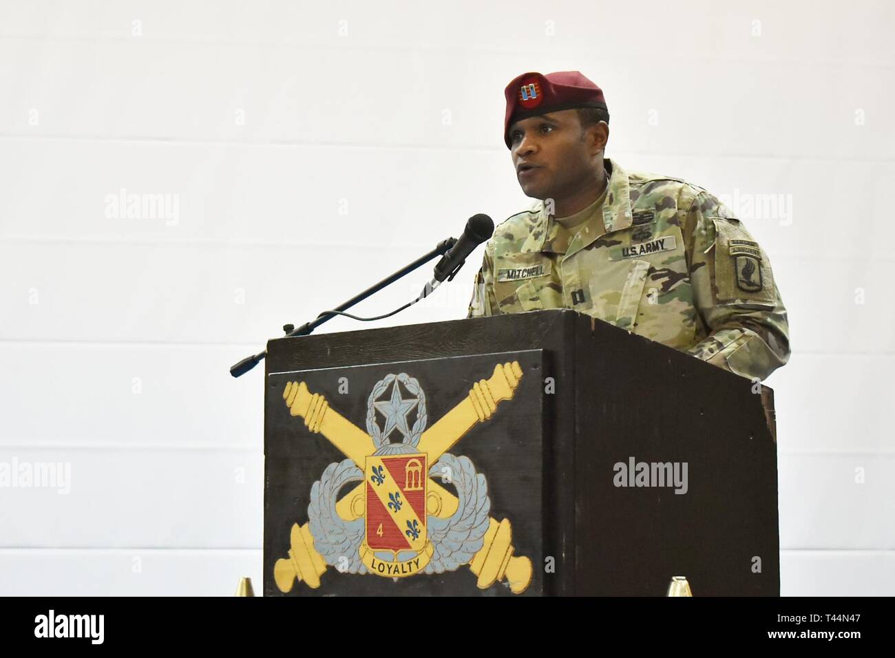 U.S. Army Capt. Charles P. Mitchell, outgoing Battery Commander, speaks ...