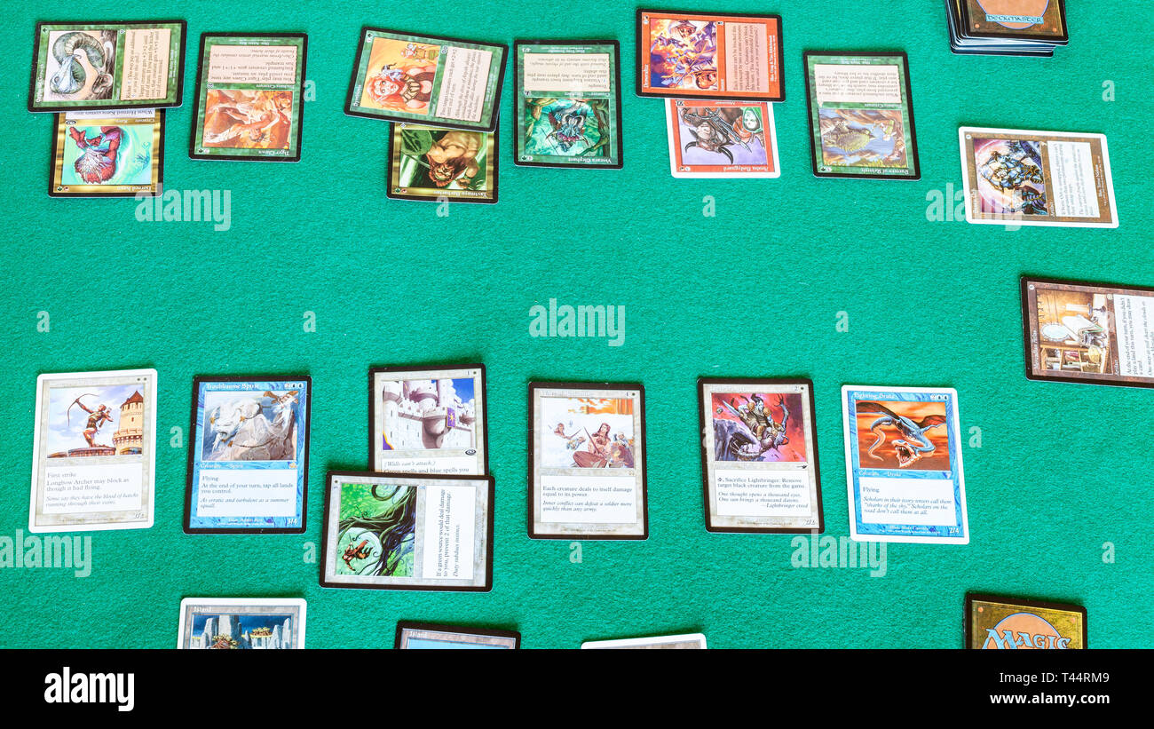 MOSCOW, RUSSIA - APRIL 2, 2019: playing in Magic: The Gathering board ...