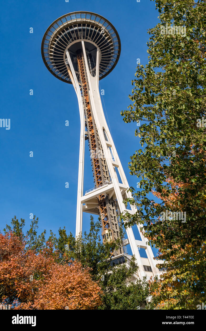 The Space Needle seen between the tree branches of Space Needle Park in ...