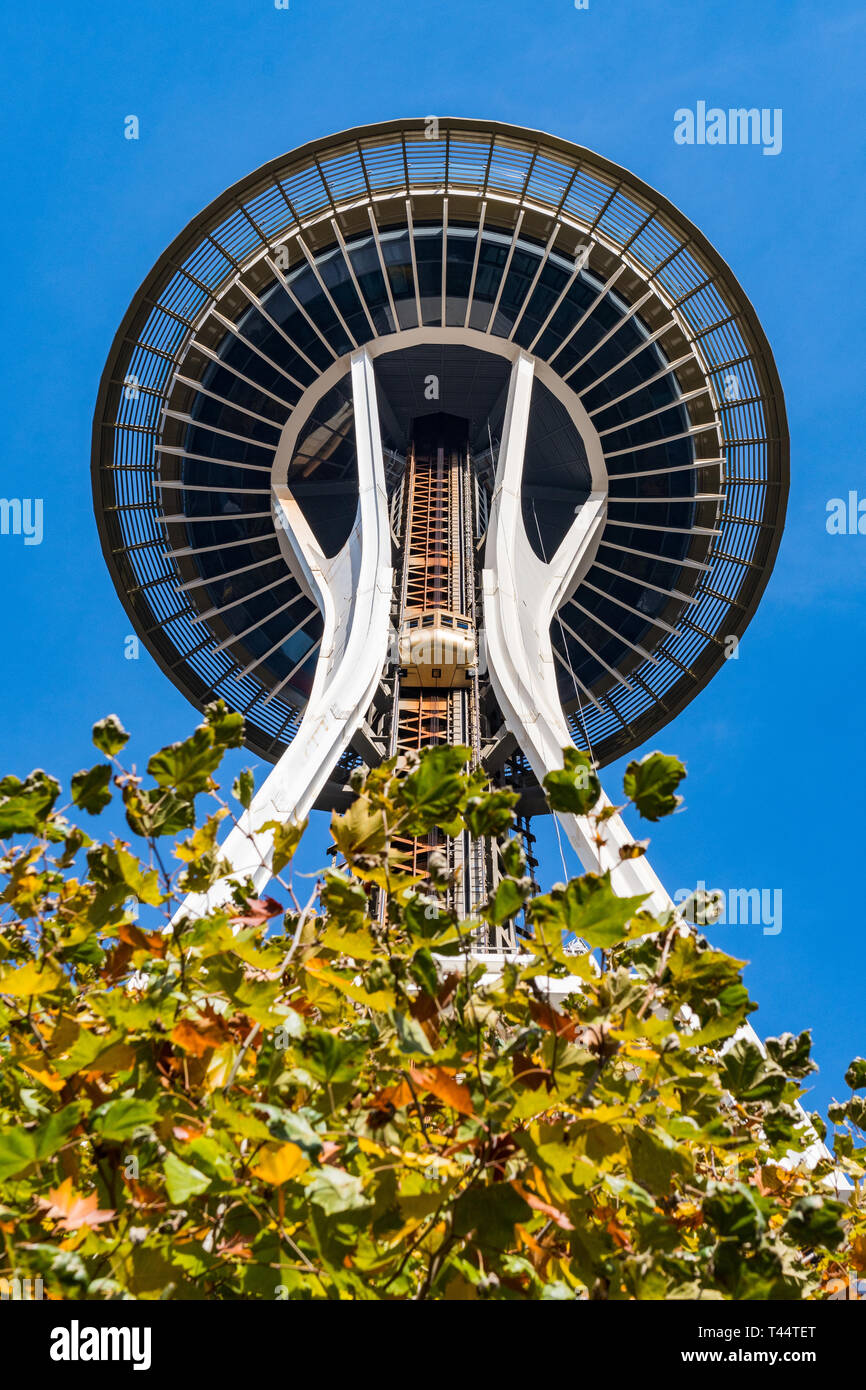 The Space Needle seen between the tree branches of Space Needle Park in ...