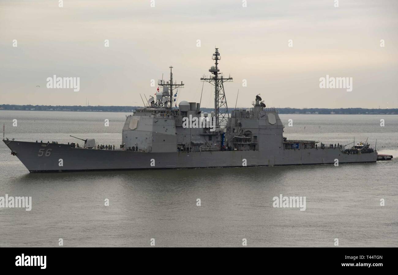 Va. (Feb. 22, 2019) The guided-missile cruiser USS San Jacinto (CG 56 ...