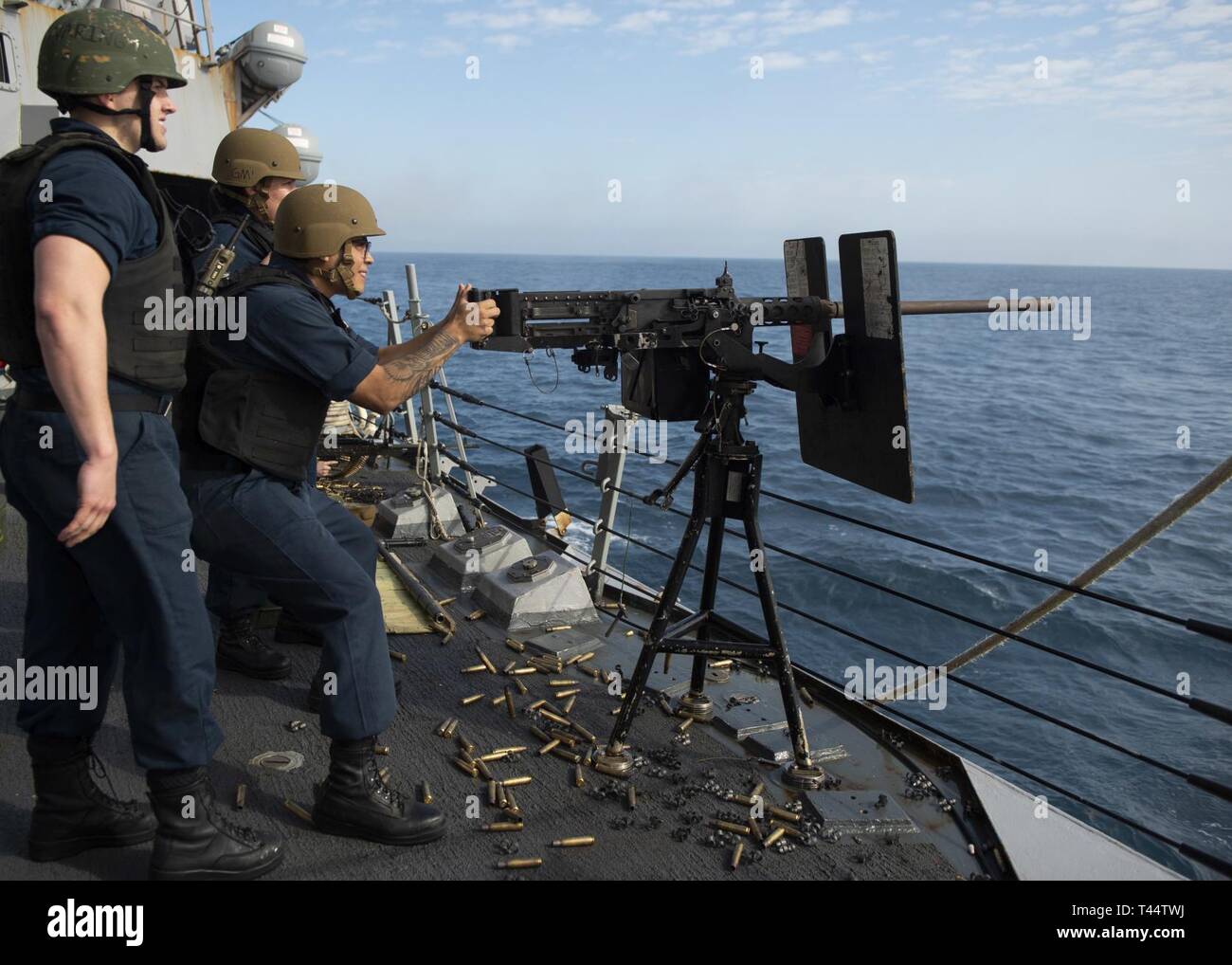 ATLANTIC OCEAN (Feb. 22, 2019) Sailors man a .50 caliber machine gun ...