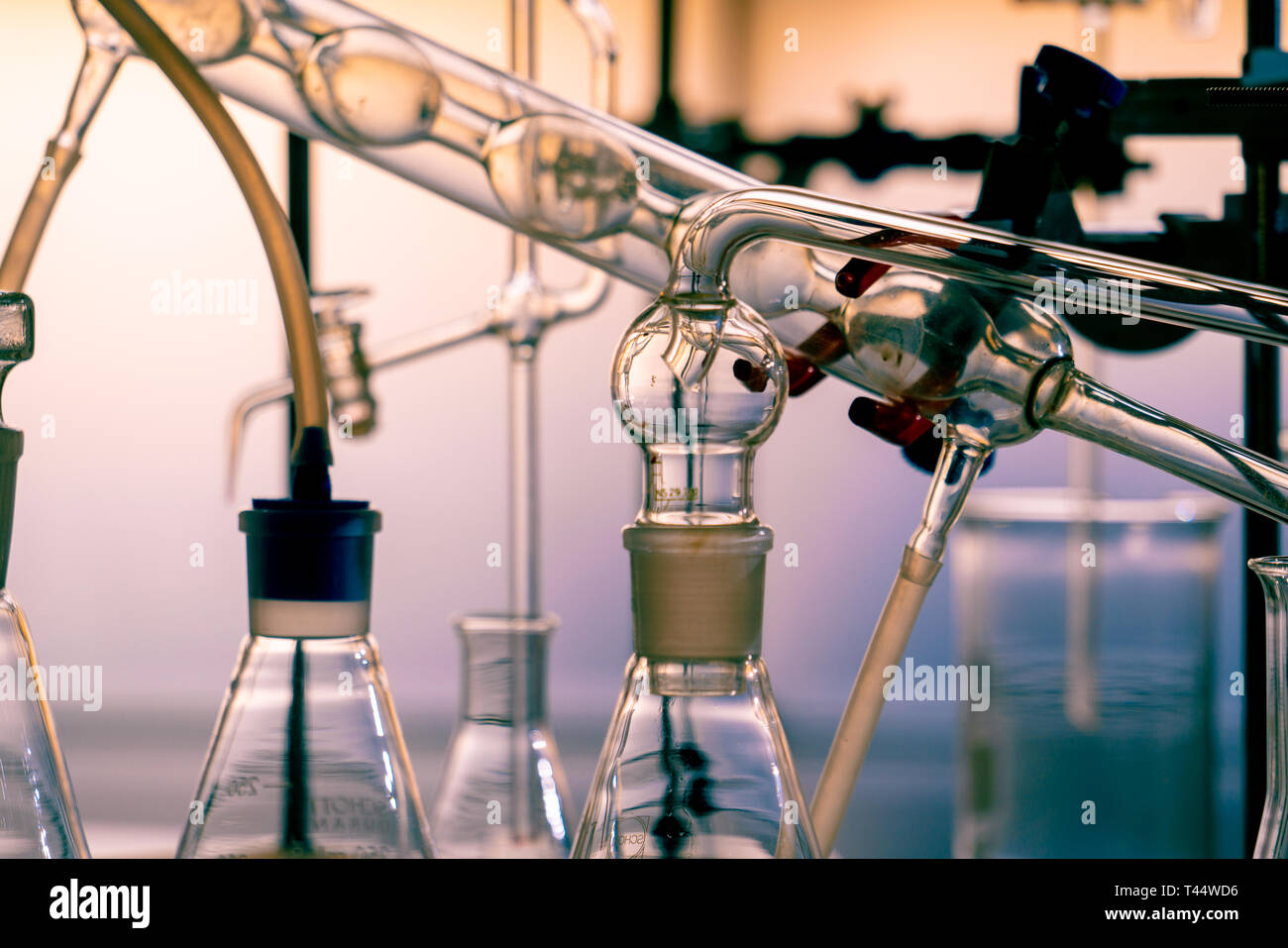 Glass instruments in the laboratory of chemical synthesis Stock Photo ...