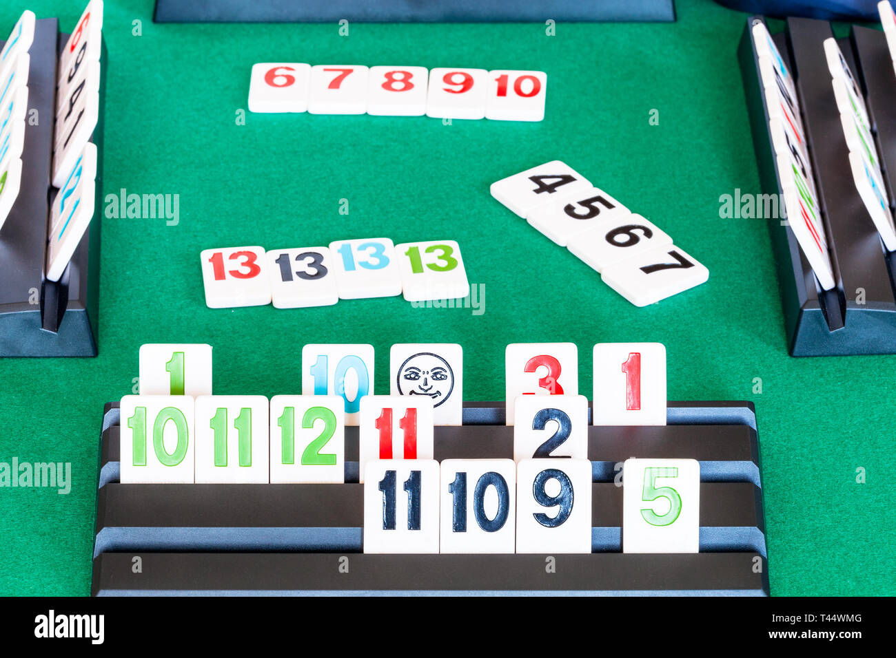 MOSCOW, RUSSIA - APRIL 3, 2019: tiles in playing in Rummikub tile-based ...