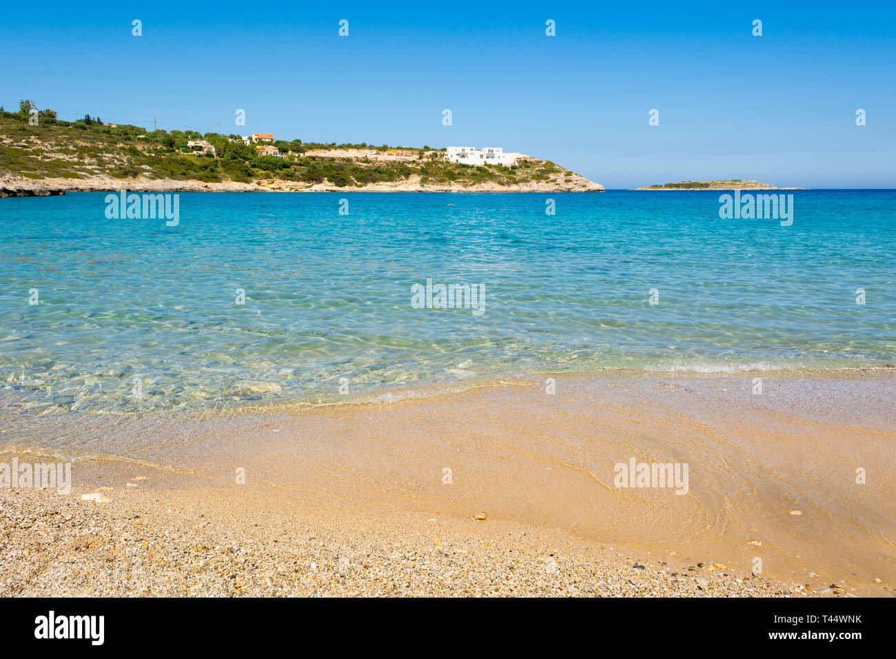 Marathi beach with fine sand and shallow calm water. West Crete, Greece ...