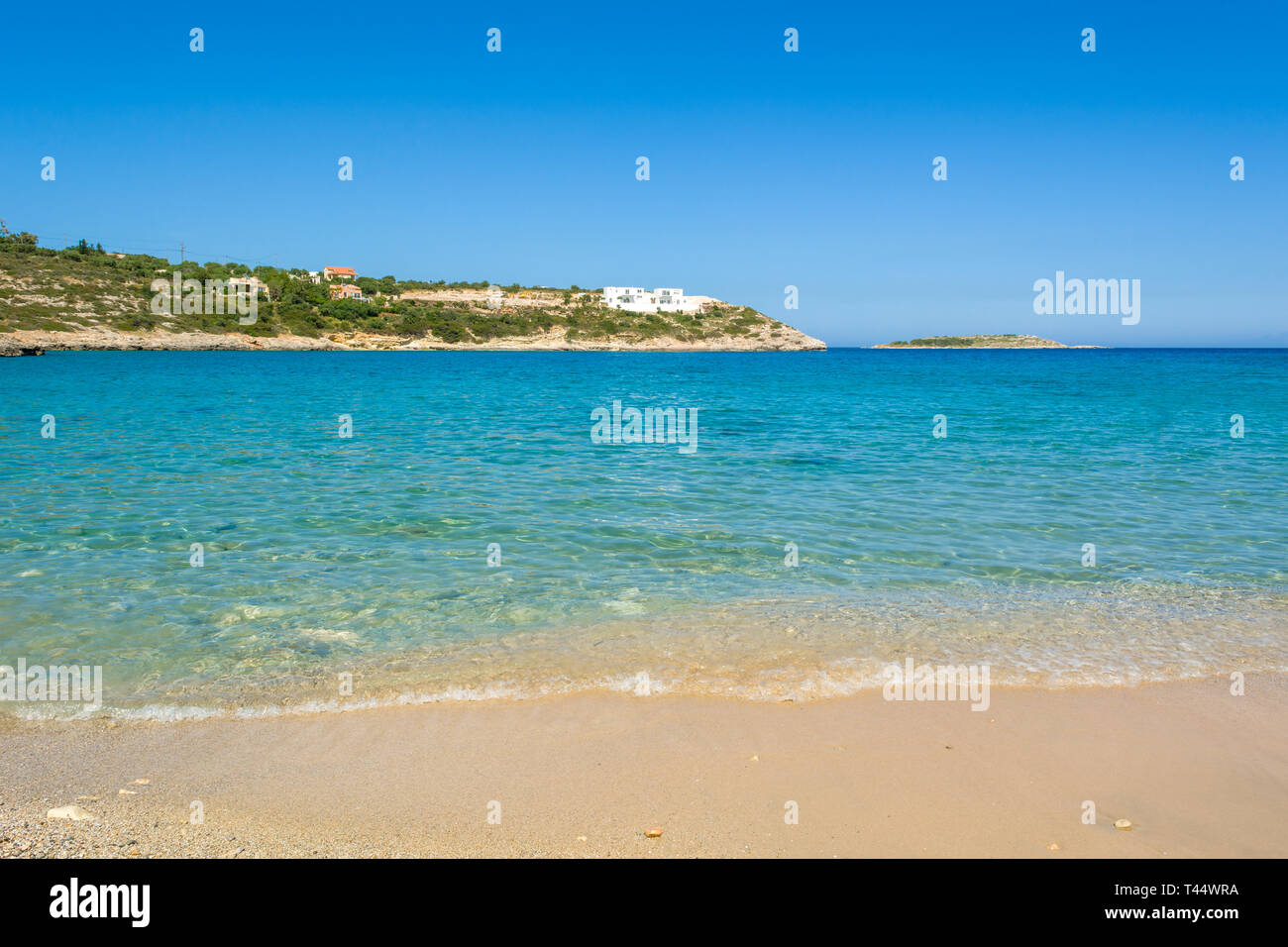 Marathi beach with fine sand and shallow calm water. West Crete, Greece ...
