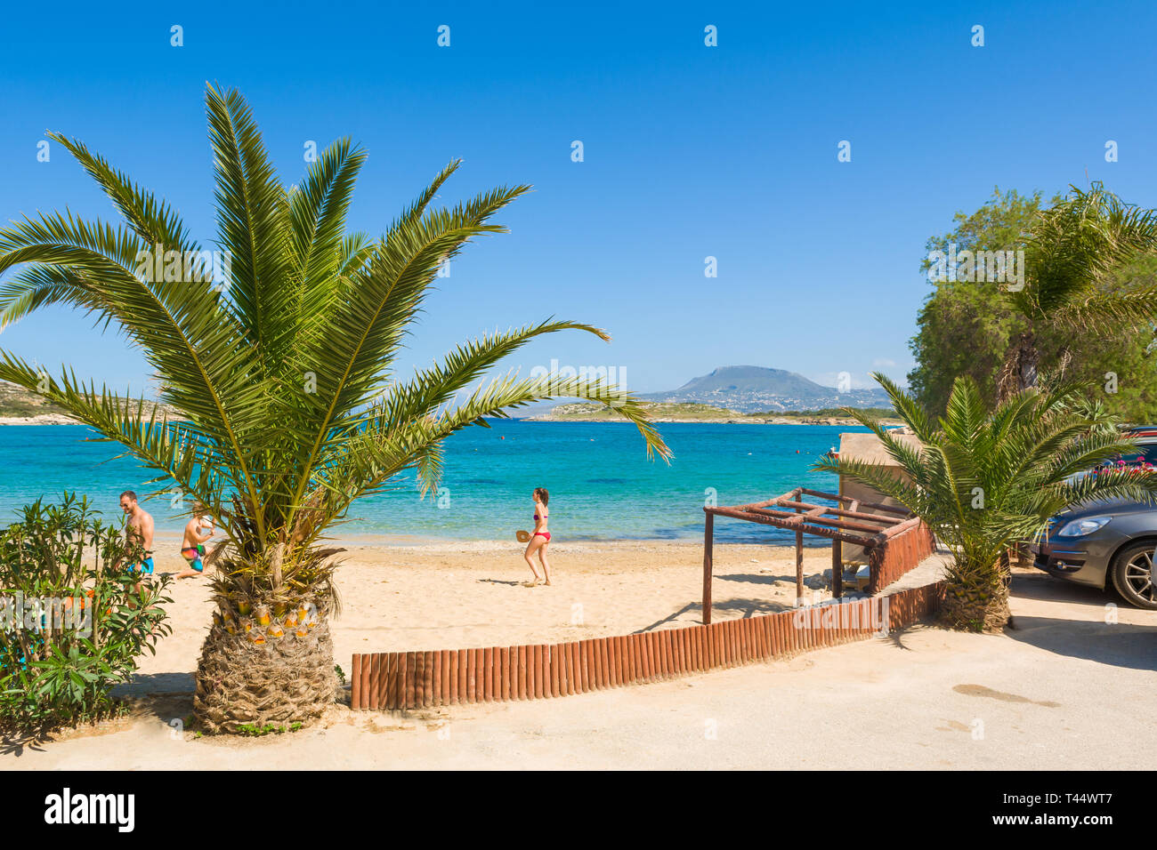 CRETE, GREECE - May 1,2015: Marathi beach with fine sand and shallow ...
