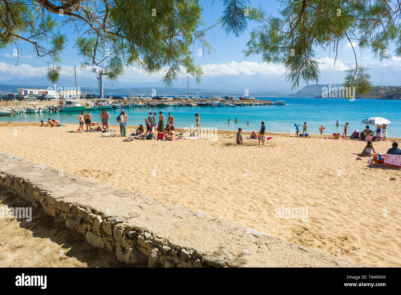 CRETE, GREECE - May 1,2015: Marathi beach with fine sand and shallow ...