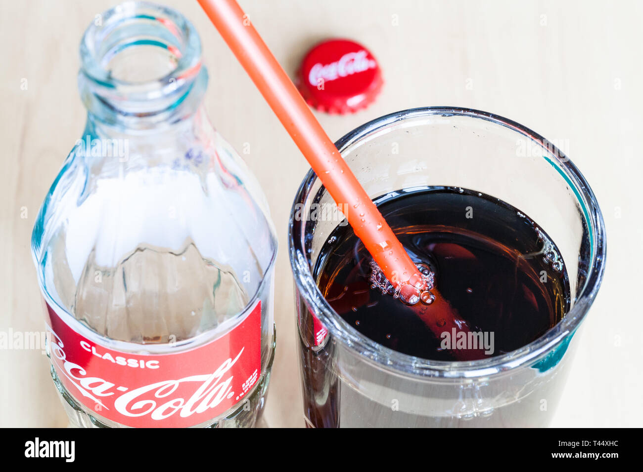 MOSCOW, RUSSIA - APRIL 4, 2019: empty bottle of Coca-Cola beverage ...
