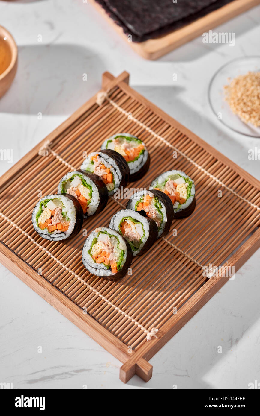 Korean roll Gimbap(kimbob) made from steamed white rice (bap) and ...