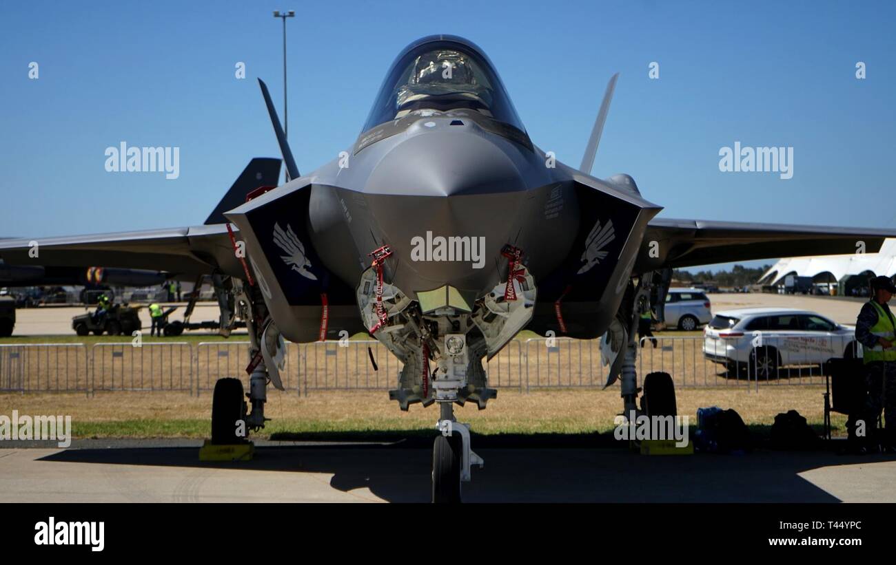 A Royal Australian Air Force F-35 Lightning II is set up for static ...