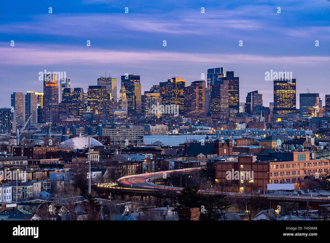 Boston Cityscape with highway trail to Boston MA USA at night Stock ...