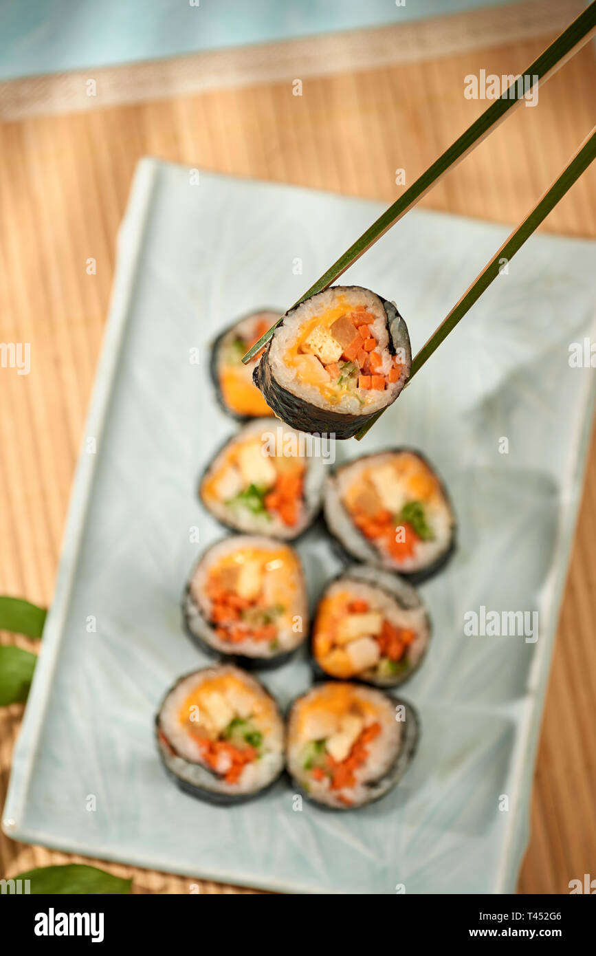 Korean roll Gimbap(kimbob) made from steamed white rice (bap) and ...