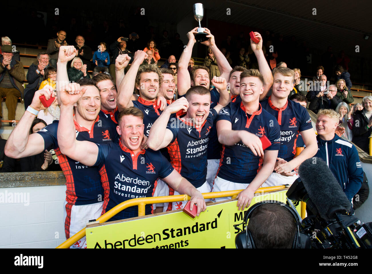 Melrose, Scotland - April 13. London Scottish celebrate winning the ASI ...