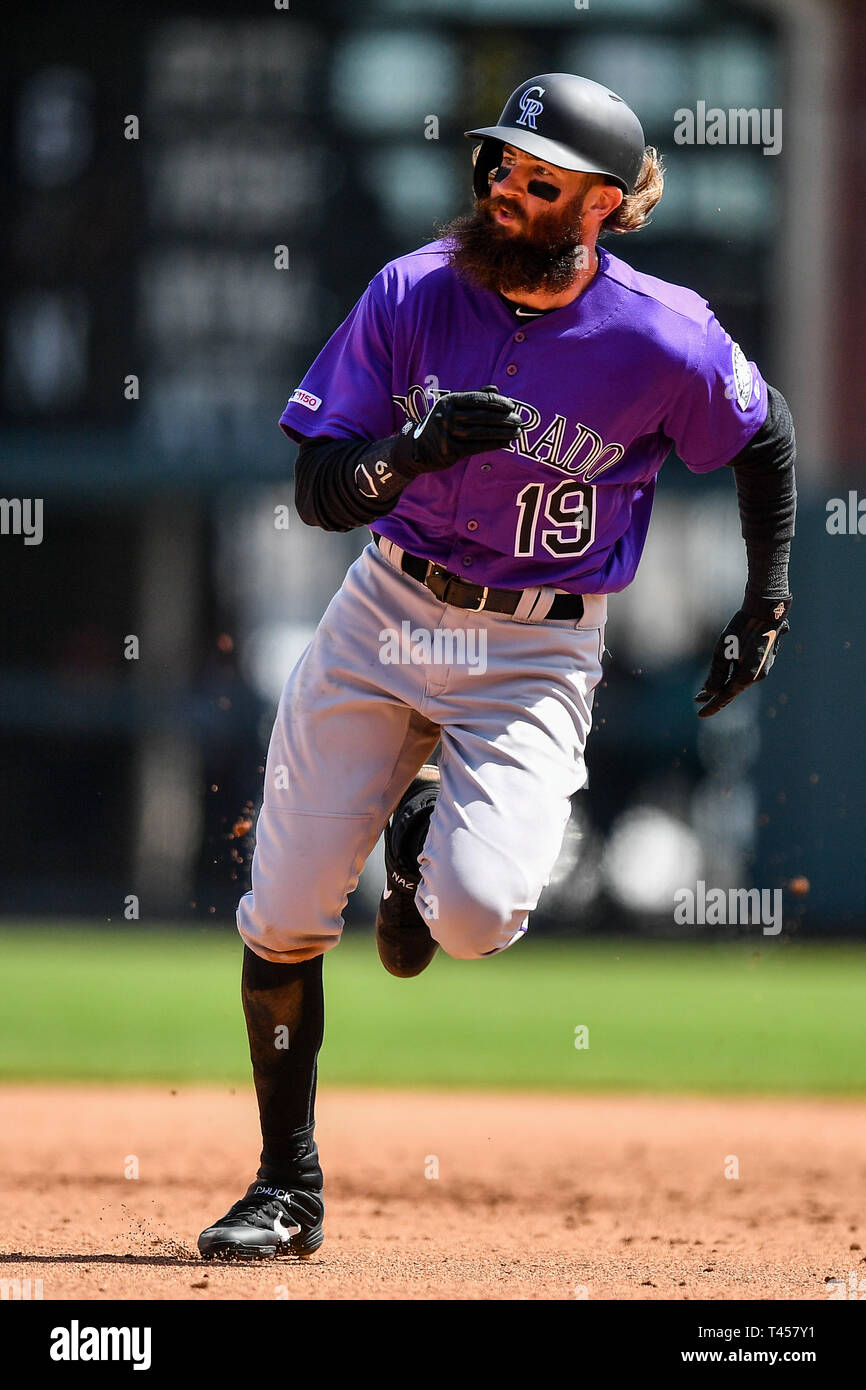 San Francisco, California, USA. 13th Apr, 2019. Colorado Rockies center ...