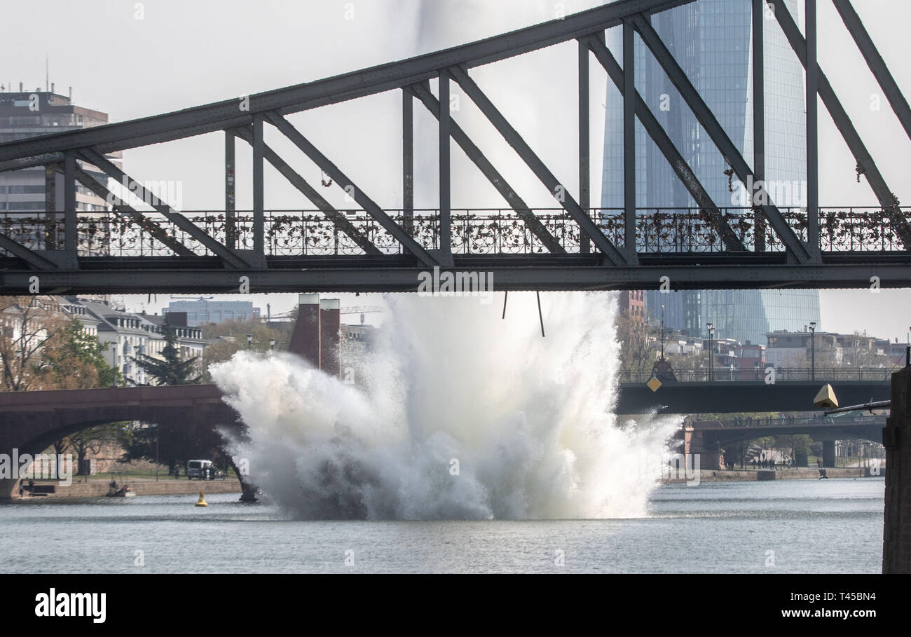 Frankfurt, Germany. 14th Apr 2019. A large water fountain rises when an ...