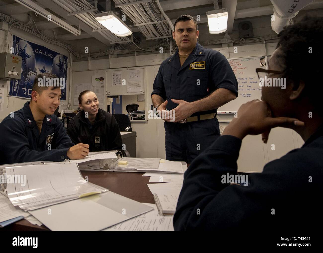OCEAN (Feb. 23, 2019) Ens. Manuel Reynoso, stock control officer aboard ...