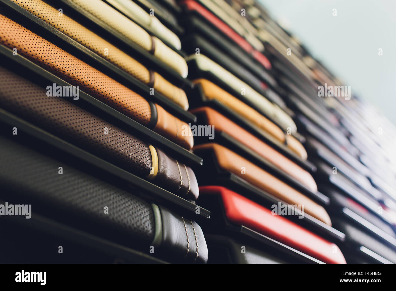 options leather auto dealership. shelf with options Stock Photo - Alamy