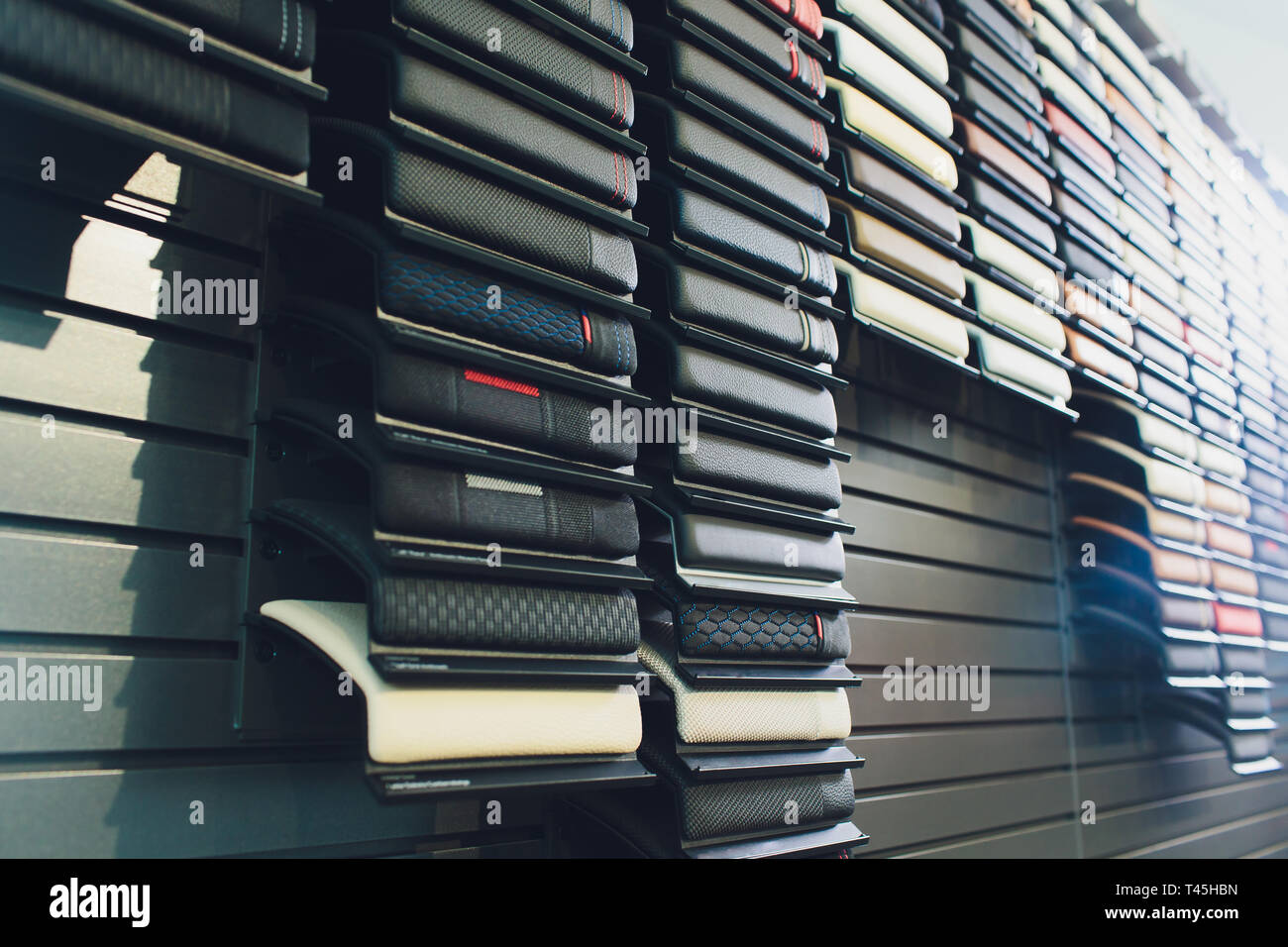options leather auto dealership. shelf with options Stock Photo - Alamy