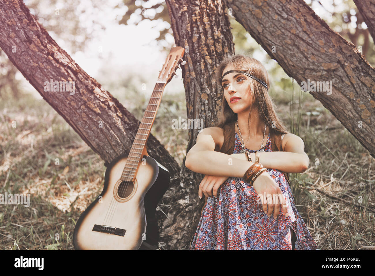 Hippy girl in the woods hi-res stock photography and images - Alamy