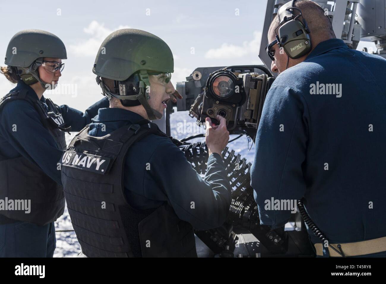 PACIFIC OCEAN (Mar. 08, 2019) – Sailors perform maintenance on a Mark ...