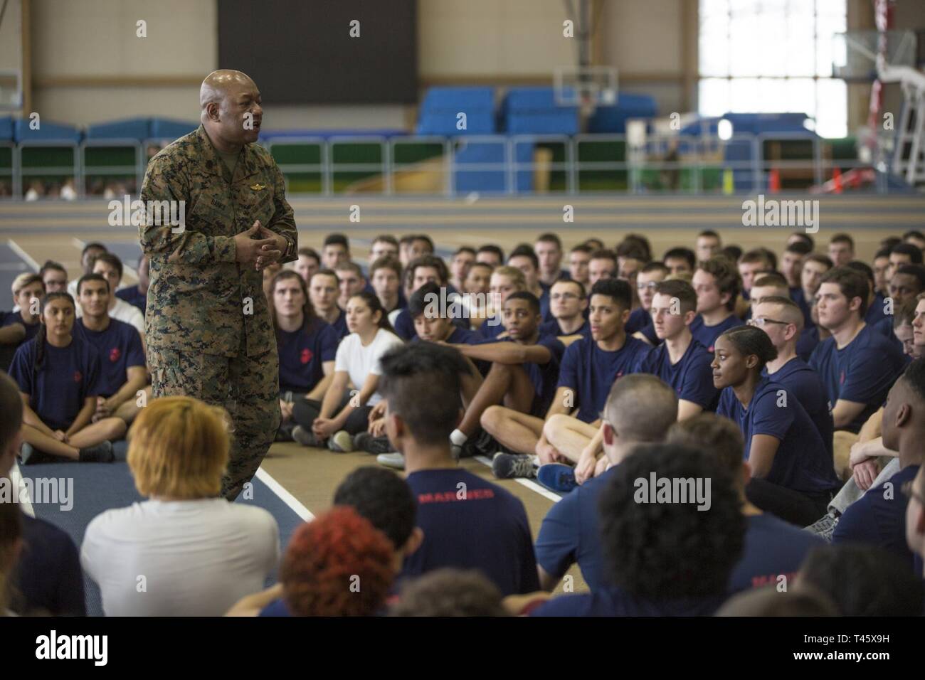 U.S. Marine Corps Sgt. Maj. William Banks addresses the members of the ...