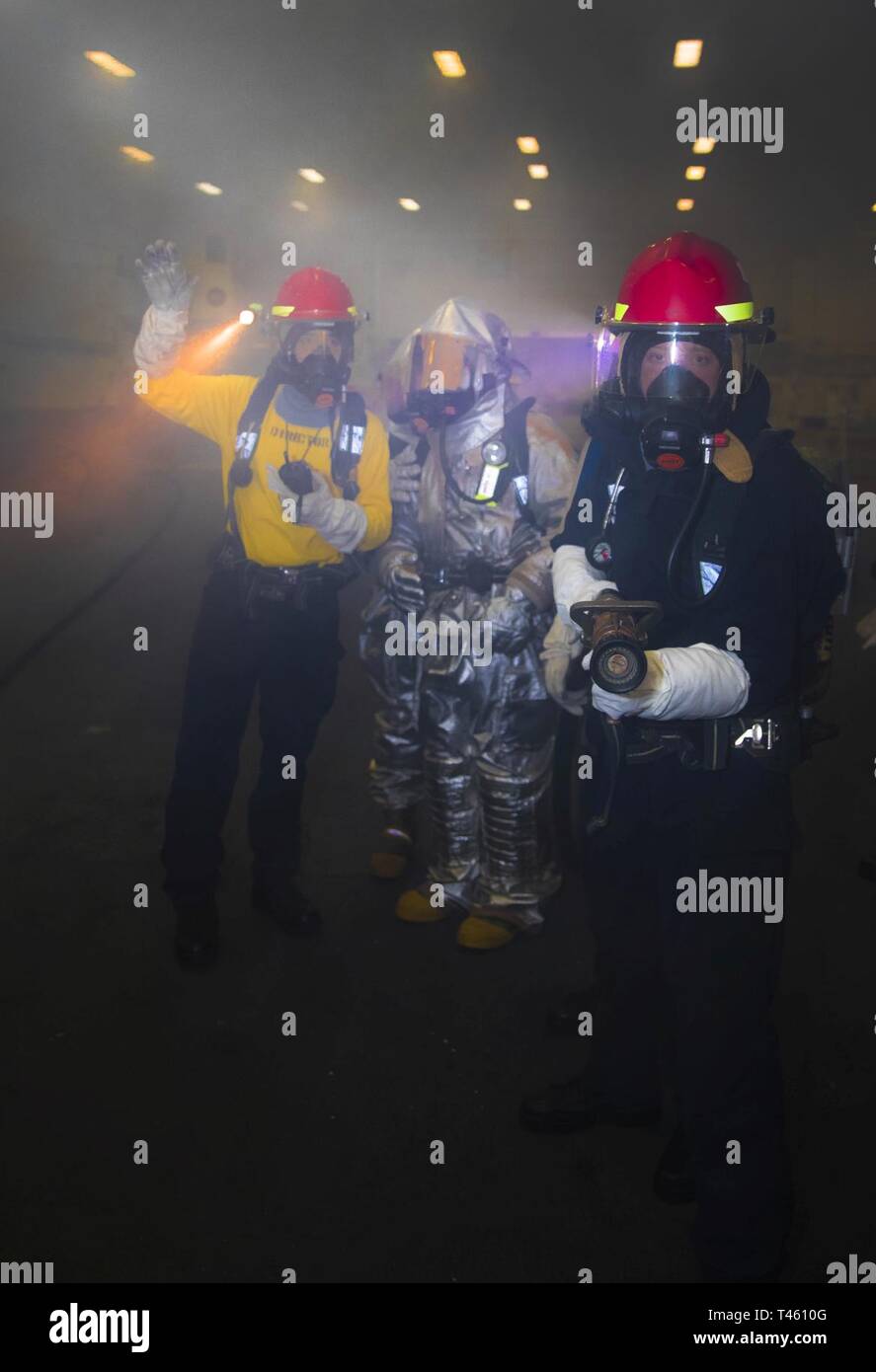 OCEAN (February 27, 2019) Sailors engage a simulated fire during a fire ...