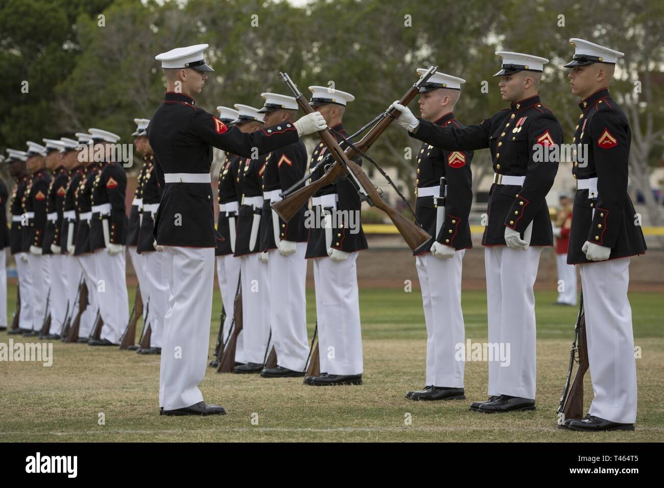 U.S. Marines assigned to the Battle Color Detachment, conduct a dress ...