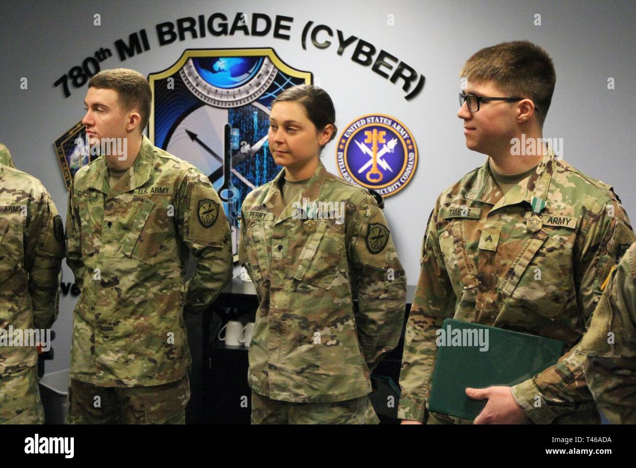 FORT GEORGE G. MEADE, Md. – Spc. Eva Perry (middle) from Issaquah, Washington, is assigned to B ...