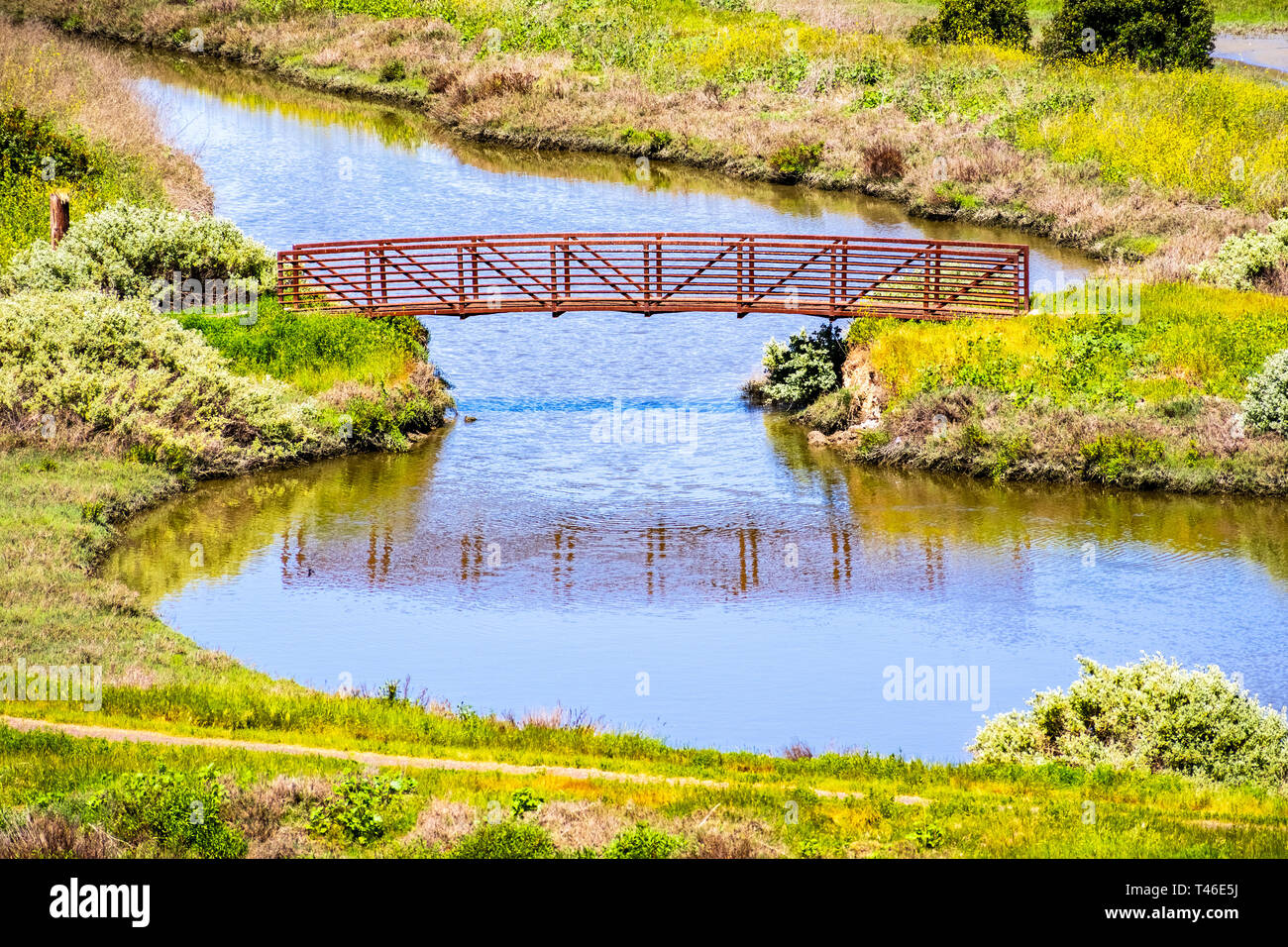 Aerial view of creek and bridge in Don Edwards wildlife refuge, Fremont ...